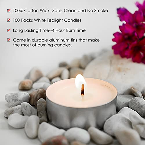 100 Pack Tea Lights Candles Tealight Candles Unscented Paraffin Candles Bulk for Wedding, Christmas, Home Decorative, Outdoor - 4 Hour Burn Time