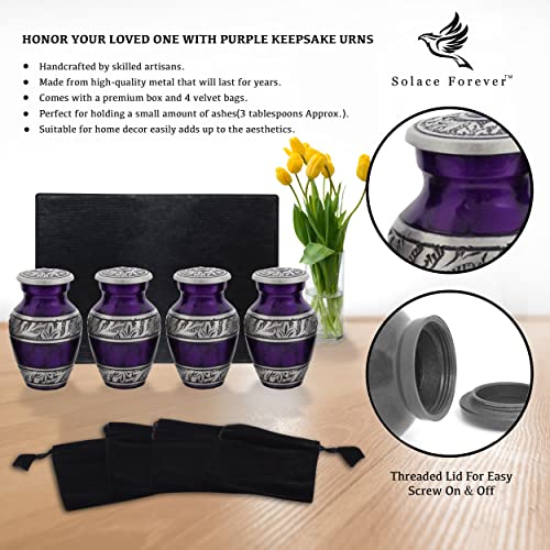 Purple Keepsake Urns - Mini Urns for Human Ashes Set of 4 with Premium Box & Bags - Handcrafted Urns for Ashes - Honor Your Loved One with Cremation Urns for Ashes - Small Urns for Men & Women