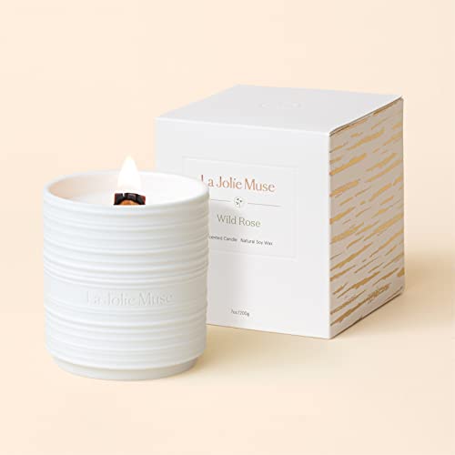 LA JOLIE MUSE Rose Candle, Candles Gifts for Women, Wood Wicked Candles for Home Scented, Ceramic Natural Soy Wax Candles, 50 Hours Burning, 7 oz