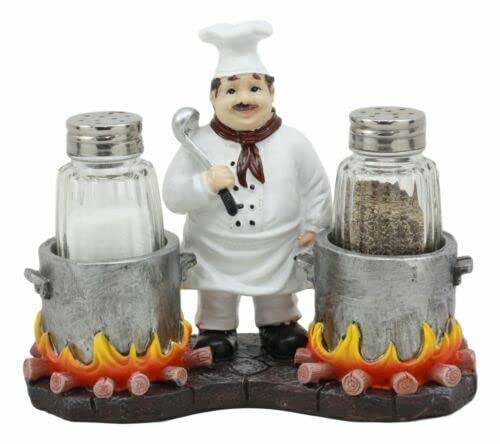 Set Of 1 Standing Chef With Flaming Pots Salt And Pepper Shakers