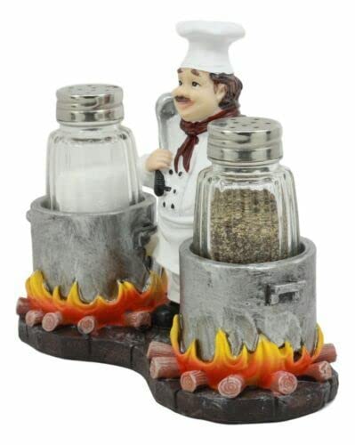 Set Of 1 Standing Chef With Flaming Pots Salt And Pepper Shakers