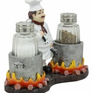 Set Of 1 Standing Chef With Flaming Pots Salt And Pepper Shakers