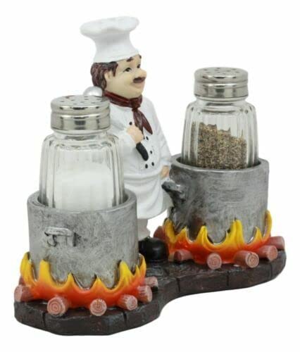 Set Of 1 Standing Chef With Flaming Pots Salt And Pepper Shakers