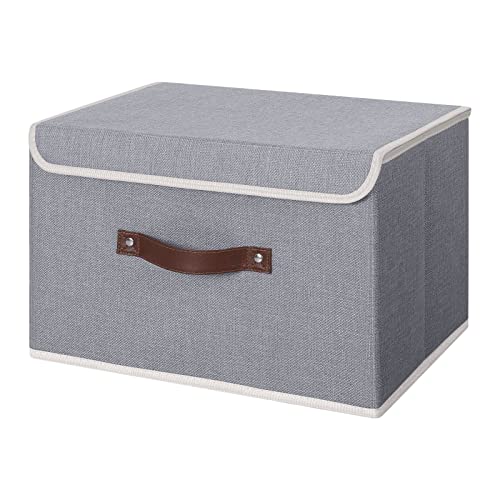 ANMINY Storage Bin with Lid Storage Boxes with PU Leather Handles PP Plastic Board Decorative Foldable Lidded Cotton Linen Fabric Home Cubes Baskets Closet Organizer Container - Gray, Large Size