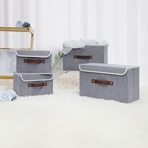 ANMINY Storage Bin with Lid Storage Boxes with PU Leather Handles PP Plastic Board Decorative Foldable Lidded Cotton Linen Fabric Home Cubes Baskets Closet Organizer Container - Gray, Large Size