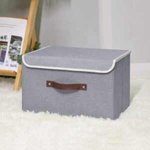 ANMINY Storage Bin with Lid Storage Boxes with PU Leather Handles PP Plastic Board Decorative Foldable Lidded Cotton Linen Fabric Home Cubes Baskets Closet Organizer Container - Gray, Large Size