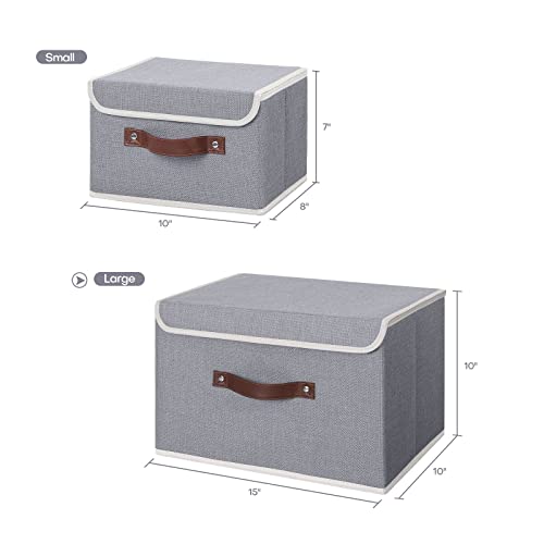 ANMINY Storage Bin with Lid Storage Boxes with PU Leather Handles PP Plastic Board Decorative Foldable Lidded Cotton Linen Fabric Home Cubes Baskets Closet Organizer Container - Gray, Large Size