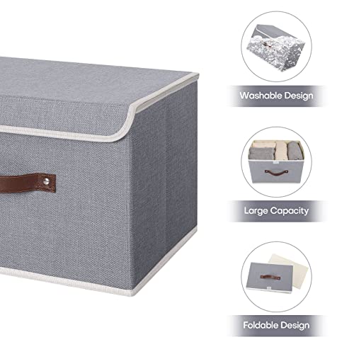 ANMINY Storage Bin with Lid Storage Boxes with PU Leather Handles PP Plastic Board Decorative Foldable Lidded Cotton Linen Fabric Home Cubes Baskets Closet Organizer Container - Gray, Large Size