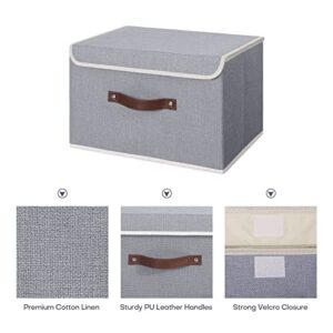 ANMINY Storage Bin with Lid Storage Boxes with PU Leather Handles PP Plastic Board Decorative Foldable Lidded Cotton Linen Fabric Home Cubes Baskets Closet Organizer Container - Gray, Large Size