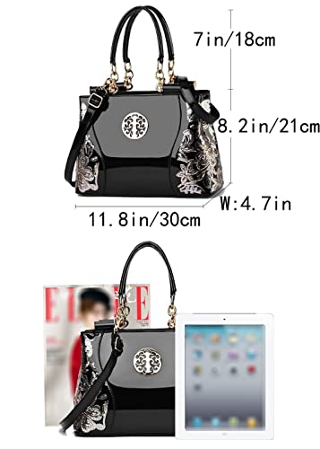 SMALLBLUER Women Patent Leather Tote Crossbody Bag Retro Pattern Shoulder Bags Satchel-Black