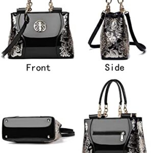 SMALLBLUER Women Patent Leather Tote Crossbody Bag Retro Pattern Shoulder Bags Satchel-Black