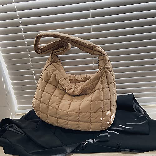 Quilted Tote Bags for Women Lightweight Quilted Padding Shoulder Bag Down Cotton Padded Large Tote Bags Lattice Crossbody Bag Zip Closure