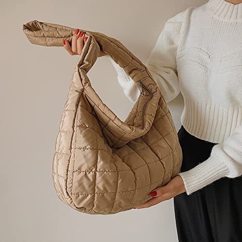 Quilted Tote Bags for Women Lightweight Quilted Padding Shoulder Bag Down Cotton Padded Large Tote Bags Lattice Crossbody Bag Zip Closure