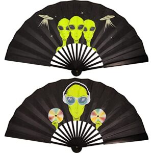 taiyin 2 pcs 13 inch large alien hand fan rave festival accessories alien folding fans for men women party dance performance festival party gift