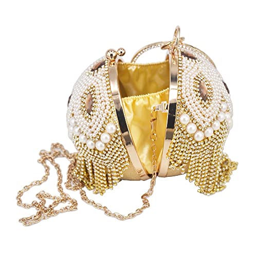 YLLWH Beaded Ball Evening Bags with Tassels Women Wedding Bags Party Handbags Crystal Clutch Bags Chain Shoulder Bags