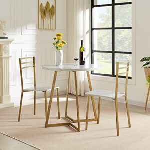 VECELO Small Round Dining Table Set for 2, Wood Marbled Tabletop with Steel Frame, Modern Dinette with Chairs for Kitchen Breakfast Nook Living Room, White and Gold