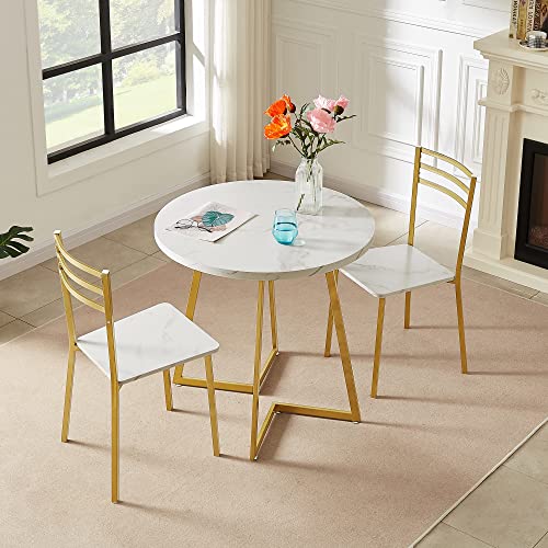 VECELO Small Round Dining Table Set for 2, Wood Marbled Tabletop with Steel Frame, Modern Dinette with Chairs for Kitchen Breakfast Nook Living Room, White and Gold