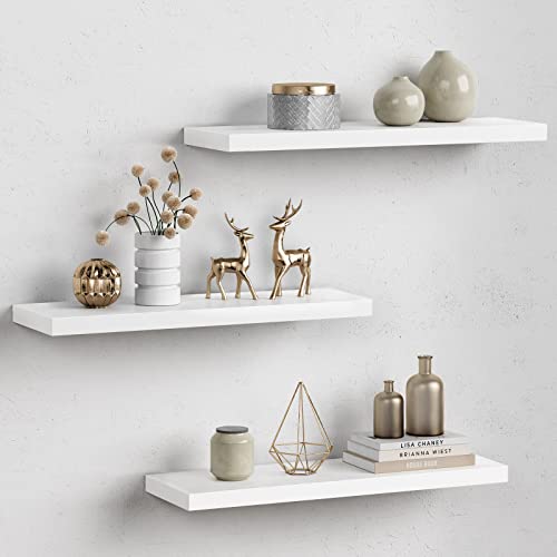 White Floating Shelves for Wall Decor, 24 Inches Long Wall Shelves for Bedroom Storage, Large Deep Wall Mounted Shelves for Bathroom Towels, Laundry Living Room, Kitchen, Closet, Set of 3