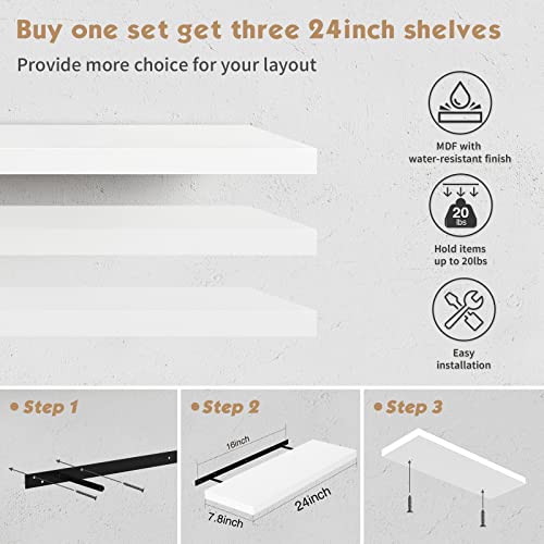 White Floating Shelves for Wall Decor, 24 Inches Long Wall Shelves for Bedroom Storage, Large Deep Wall Mounted Shelves for Bathroom Towels, Laundry Living Room, Kitchen, Closet, Set of 3