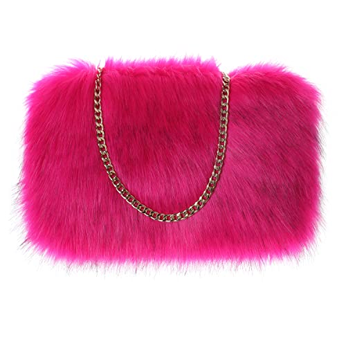 Fashion Women Faux Fur Handbag Evening Clutch Phone and Wallet Purse Lady Bag Tote Bag (Rose red)