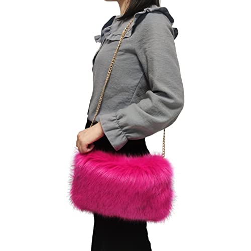 Fashion Women Faux Fur Handbag Evening Clutch Phone and Wallet Purse Lady Bag Tote Bag (Rose red)