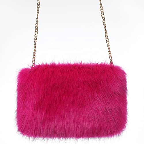 Fashion Women Faux Fur Handbag Evening Clutch Phone and Wallet Purse Lady Bag Tote Bag (Rose red)