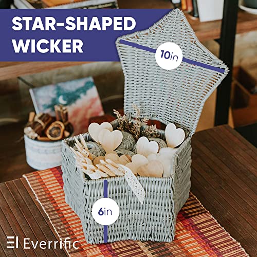 Star-Shaped Gray Wicker Basket with Lid, 10''L x 10''W x 6''H, basket with lid decorative storage, rattan storage basket with lid, decorative basket with lid, woven baskets for storage, small basket