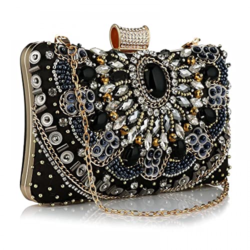 Womens Beaded Clutch Bag Party Prom Evening Wedding Clutch Bag Purse, Ladies Shoulder Bag Crossbody Bag with Chain Strap Evening Handbag (Black)