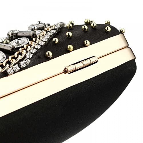 Womens Beaded Clutch Bag Party Prom Evening Wedding Clutch Bag Purse, Ladies Shoulder Bag Crossbody Bag with Chain Strap Evening Handbag (Black)