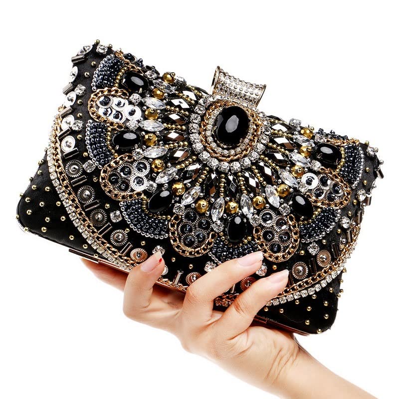 YLLWH Small Beaded Clutch Purse Elegant Black Evening Bags Wedding Party Clutch Handbag Metal Chain Shoulder Bags