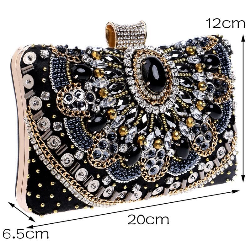 YLLWH Small Beaded Clutch Purse Elegant Black Evening Bags Wedding Party Clutch Handbag Metal Chain Shoulder Bags