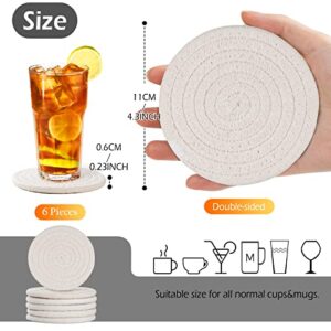 GeeRic 6 Pcs Bar Coasters for Drinks, Handmade Braided Woven Drink Coaster Set, Beermat Beverage Coaster 4.3” Non Slip Coasters, White