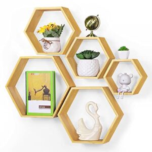 hexagon shelves wall floating hexagonal shelves set of 5 honeycomb bamboo shelves floating storage display shelves for wall decor honey comb shelf farmhouse hexagon rack in living room bedroom study