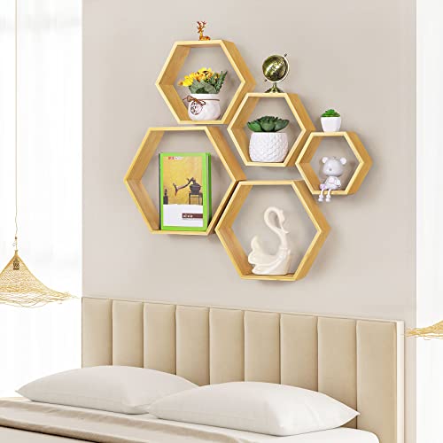 Hexagon Shelves Wall Floating Hexagonal Shelves Set of 5 Honeycomb Bamboo Shelves Floating Storage Display Shelves for Wall Decor Honey Comb Shelf Farmhouse Hexagon Rack in Living Room Bedroom Study