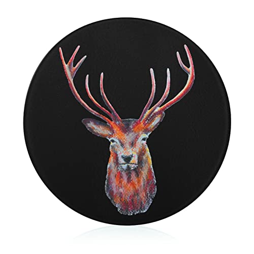 Reindeer Head Printed Round Cutting Board Glass Chopping Blocks Mats Food Tray for Home Kitchen Decoration