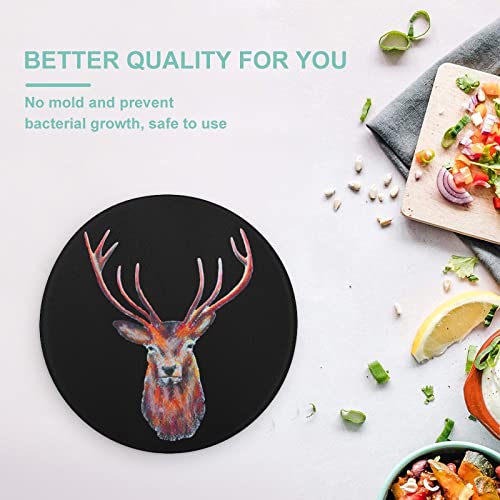 Reindeer Head Printed Round Cutting Board Glass Chopping Blocks Mats Food Tray for Home Kitchen Decoration