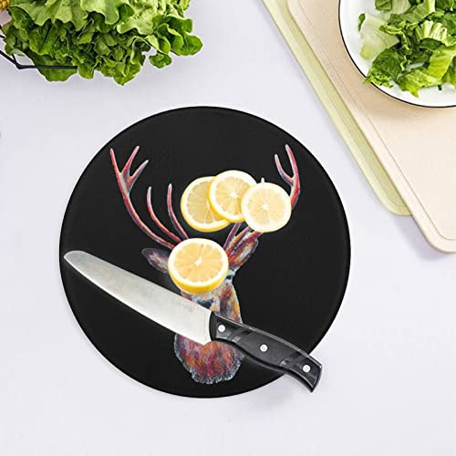 Reindeer Head Printed Round Cutting Board Glass Chopping Blocks Mats Food Tray for Home Kitchen Decoration