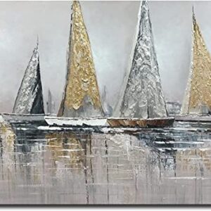 [SPRING BIG SALES] PAVILIART Golden & Silver Sailboats at the shore, Size 24" x 48", Hand Painted Abstract Seascape, Palette Knife Oil Painting on Canvas, Wall Art Decoration, Wood inside framed , Easy Hanging in Living Room