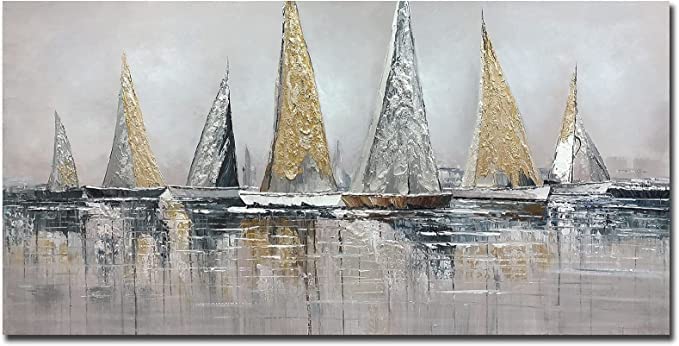 [SPRING BIG SALES] PAVILIART Golden & Silver Sailboats at the shore, Size 24" x 48", Hand Painted Abstract Seascape, Palette Knife Oil Painting on Canvas, Wall Art Decoration, Wood inside framed , Easy Hanging in Living Room