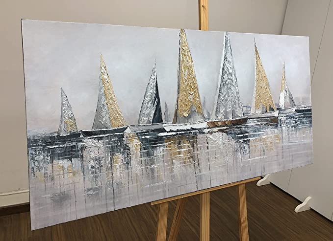 [SPRING BIG SALES] PAVILIART Golden & Silver Sailboats at the shore, Size 24" x 48", Hand Painted Abstract Seascape, Palette Knife Oil Painting on Canvas, Wall Art Decoration, Wood inside framed , Easy Hanging in Living Room