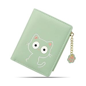 conisy cute wallets for women, leather rfid blocking small bifold wallet with zipper coin purse for girls and ladies womens wallet (cat green)