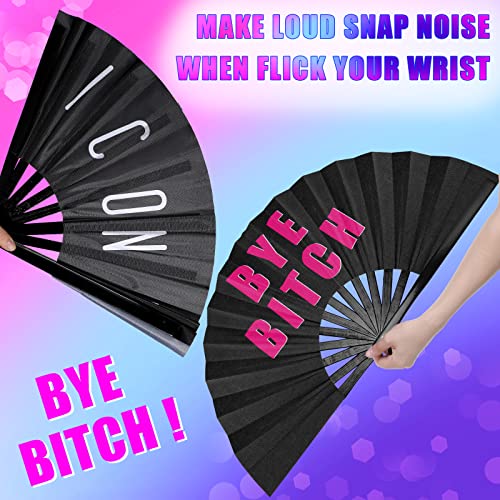 Amyhill Rave Fan 2 Packs Black Large Folding Hand Fan Bamboo Chinese Fan with Voice for Men and Women Party Performance, Dance, Decorations, Gift, 13 Inch (Novelty Style)