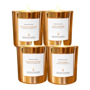 pack of 4 scented candles gift set, eucalyptus&orange, wild lavender, lemongrass&basil, lilac&rose wood wick candles for home scented, 6oz soy candles gifts for women, 35 hour burn aromatherapy candle