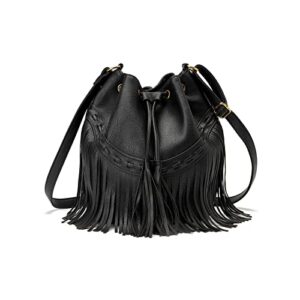 leather bucket bags for women crossbody purses with drawstring ladies tassel hobo and shoulder handbags black