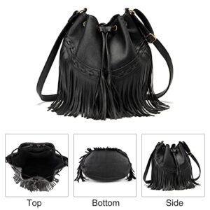 Leather Bucket Bags for Women Crossbody Purses with Drawstring Ladies Tassel Hobo and Shoulder Handbags Black