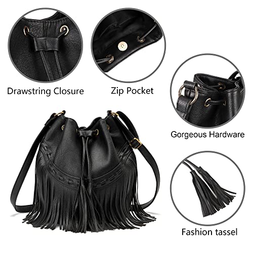 Leather Bucket Bags for Women Crossbody Purses with Drawstring Ladies Tassel Hobo and Shoulder Handbags Black