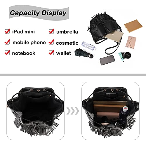 Leather Bucket Bags for Women Crossbody Purses with Drawstring Ladies Tassel Hobo and Shoulder Handbags Black