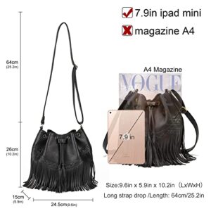 Leather Bucket Bags for Women Crossbody Purses with Drawstring Ladies Tassel Hobo and Shoulder Handbags Black