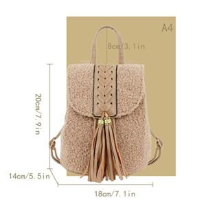 Hoce Women Girls Mini Lamb Wool Backpack PU Leather Drawstring Backpack Solid Color Casual Travel Mini Daypack with Tassel