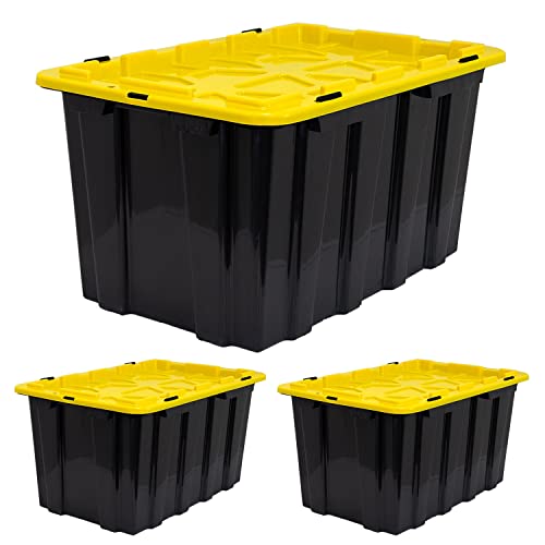 QTIQ 15.8 Gal. Heavy-Duty Plastic Storage Bins, Black and Yellow, 3 Count